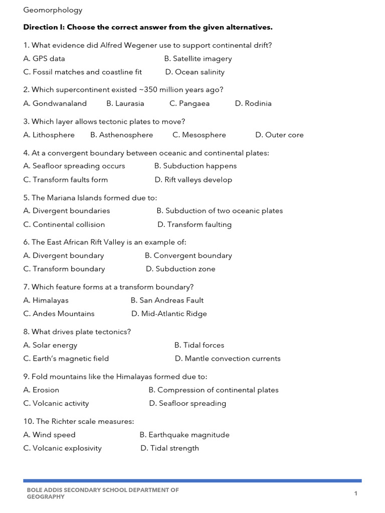 Geomorphology Quiz for Geography Students | PDF | Volcano | Plate Tectonics