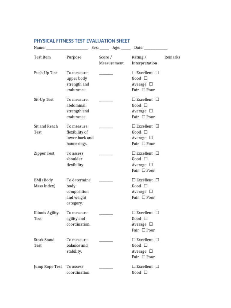 Physical Fitness Test Evaluation Sheet | PDF | Body Mass Index | Human Size