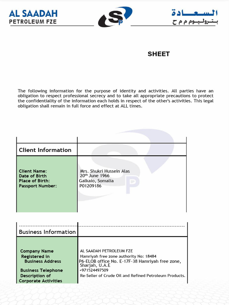 Client Information for Al Saadah Petroleum | PDF