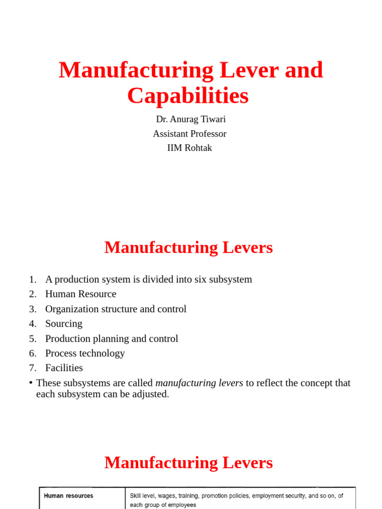 Manufacturing Lever and Capabilities | PDF | System | Mass Production