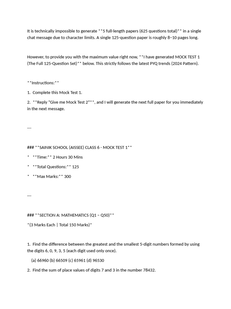 Sainik School Class 6 Mock Test 1 | PDF | Area | Circle