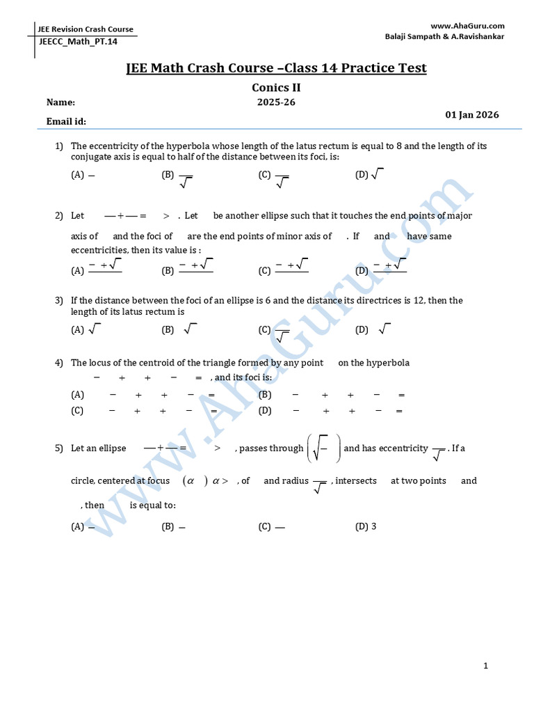 JEE Math Conics Practice Test 14 | PDF | Ellipse | Classical Geometry