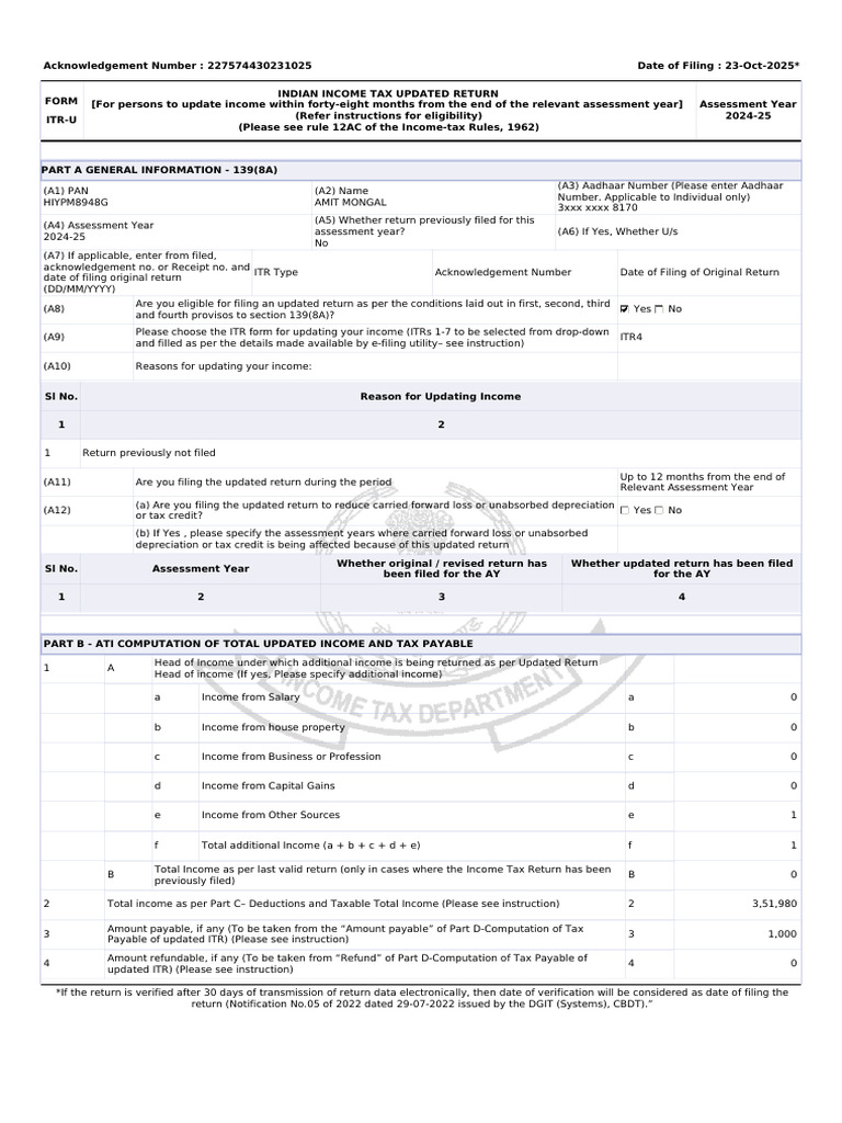 ITR-U Form for Updated Income Tax Return | PDF | Tax Refund | Tax Deduction