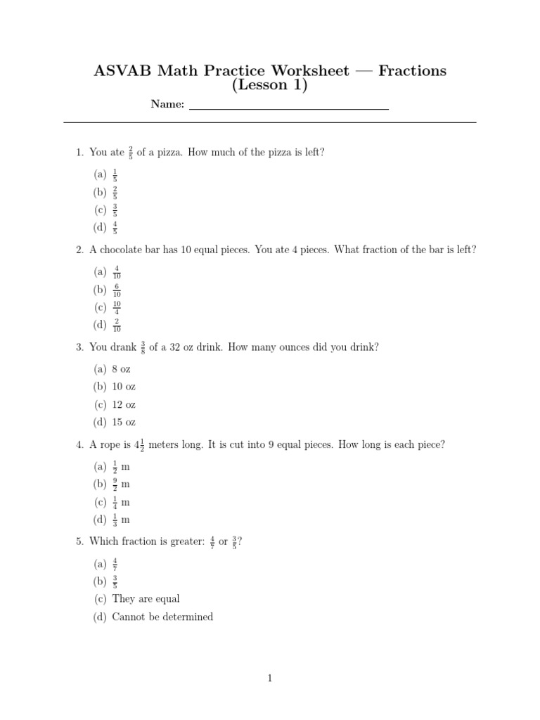 ASVAB Math Practice: Fractions Worksheet | PDF
