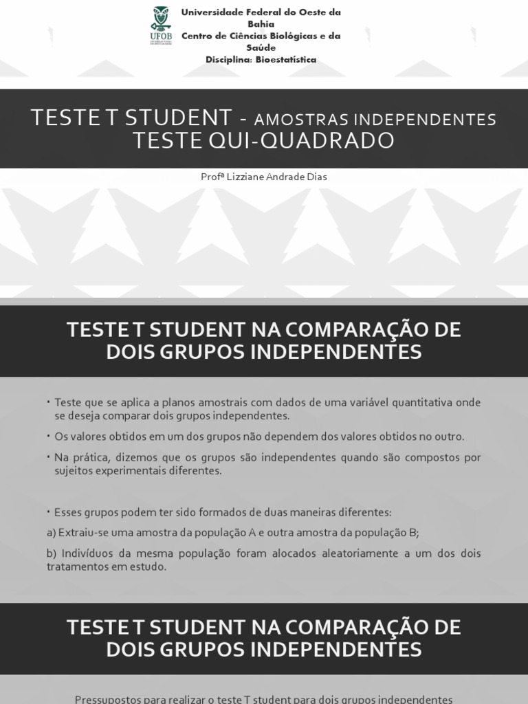 Teste T Student e Qui-Quadrado em Bioestatística | PDF | Teste T de ...