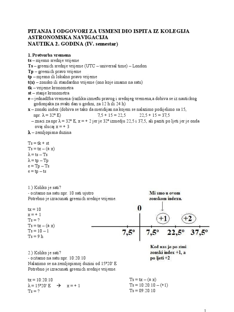 Pitanja I Odgovori Za Usmeni Dio Ispita Iz Kolegija Astronomska Navigacija | PDF