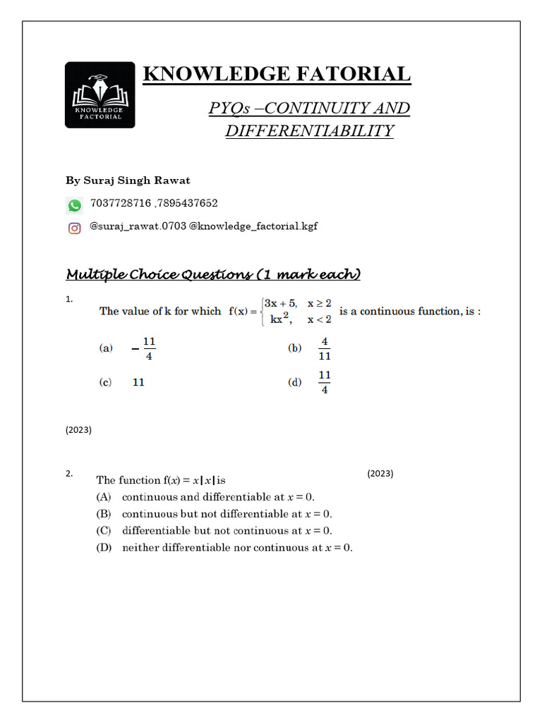 Kgf Continuity and Differentiability 12 Maths Pyq 2021-25 | PDF | Chess ...