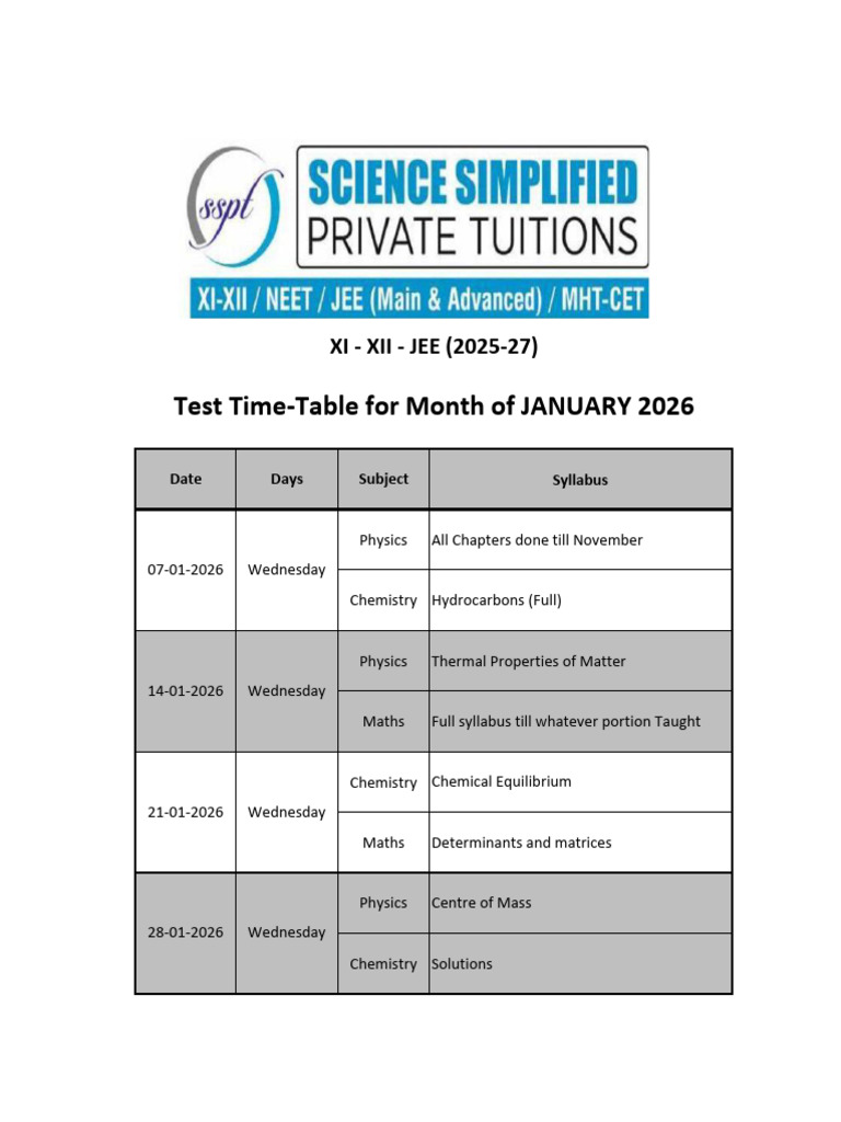 11th JEE Test Time Table (Jan.2026) | PDF