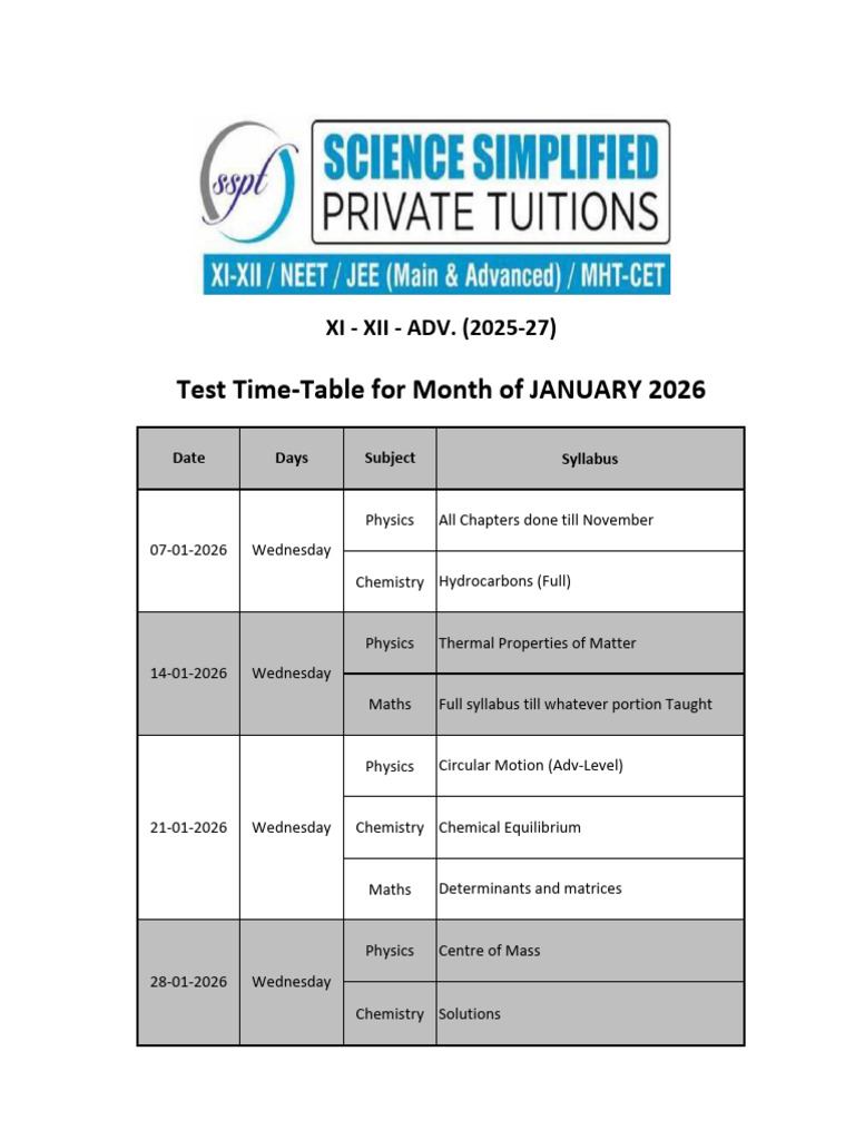 January 2026 Test Schedule for XI-XII | PDF