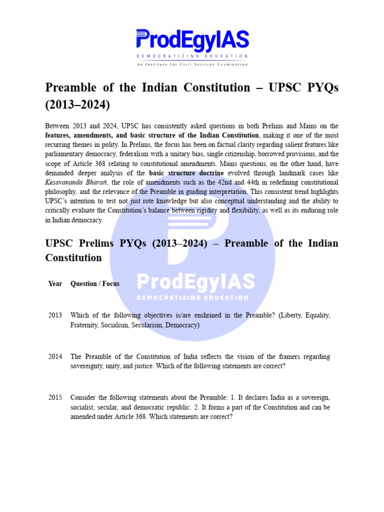 GS II Preamble of the Indian Constitution – UPSC PYQs (2013–2024) | PDF ...