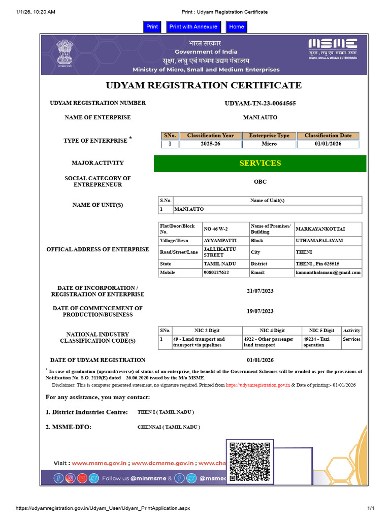 Udyam Registration Certificate for Mani Auto | PDF | Transport