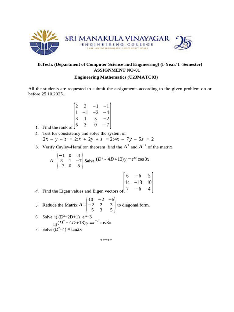 B.Tech Engineering Mathematics Assignment | PDF