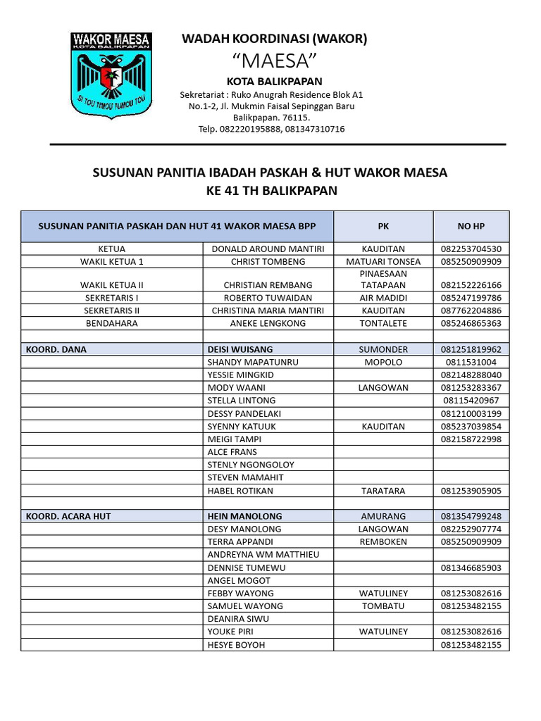Panitia Ibadah Paskah & HUT 41 WAKOR MAESA | PDF