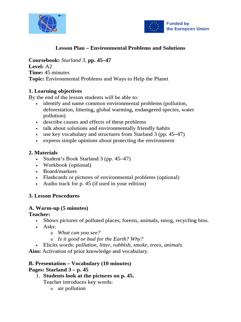 Environmental Issues Lesson Plan A2 | PDF | Vocabulary | Reading ...