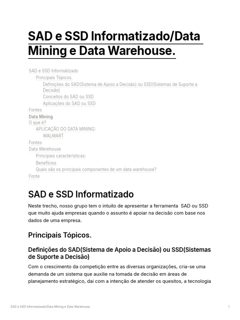 SAD e SSD: Decisão Baseada em Dados | PDF | Armazém de dados ...