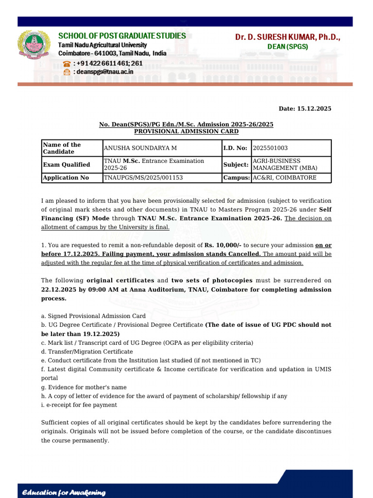 Offer Letter Tnaupgs Ms 2025 001153 | PDF | Fee | Educational Stages