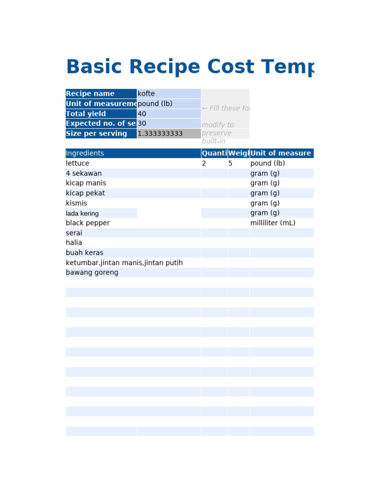 Copy of Basic Recipe Cost Template | PDF