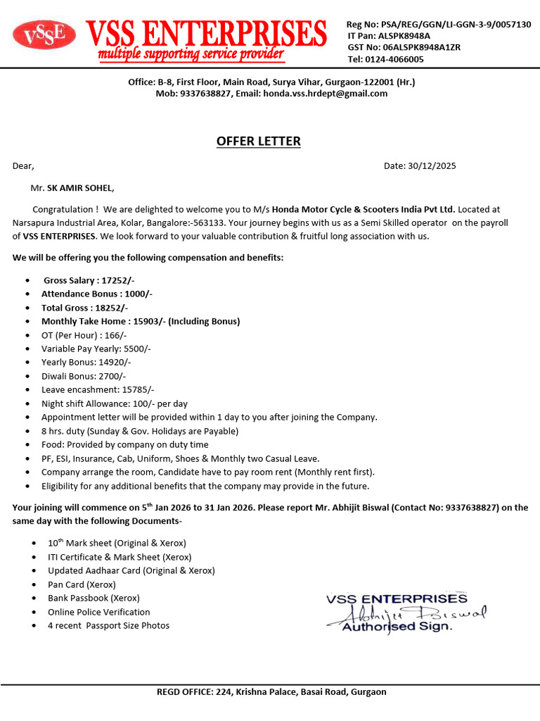 Honda Job Offer Letter for SK Amir Sohel | PDF | Expense | Employee ...