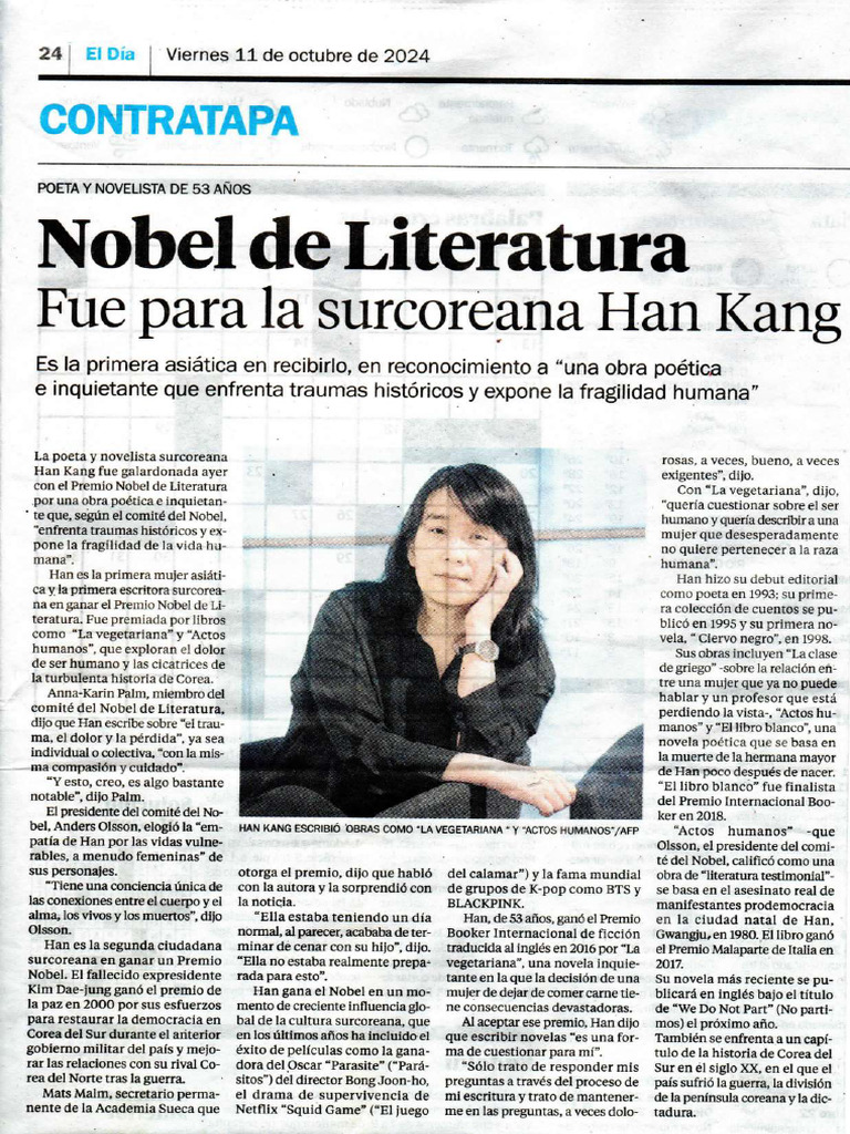 Han Kang, Nobel de Literatura-El Día 2024 | PDF