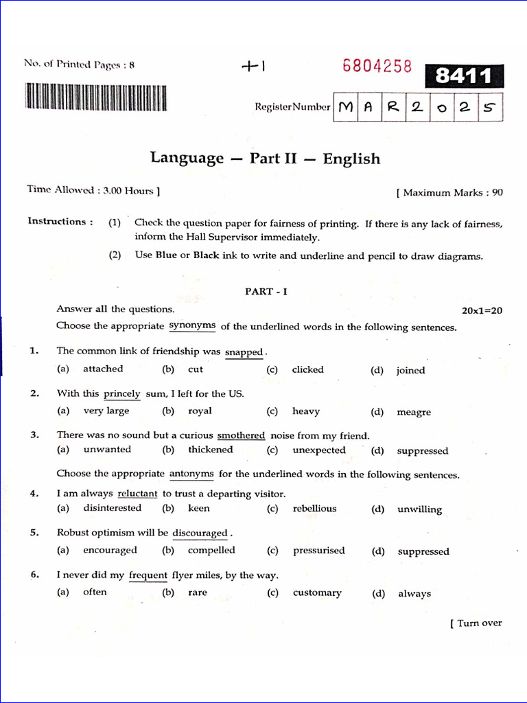 11th English Public Exam March 2025 Question Paper 251211 201957 | PDF