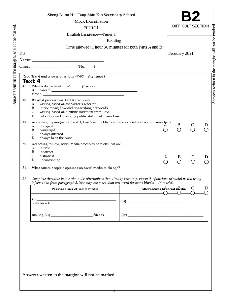 SHK Tang Shiu Kin F.6 English Mock Exam | PDF | Logic