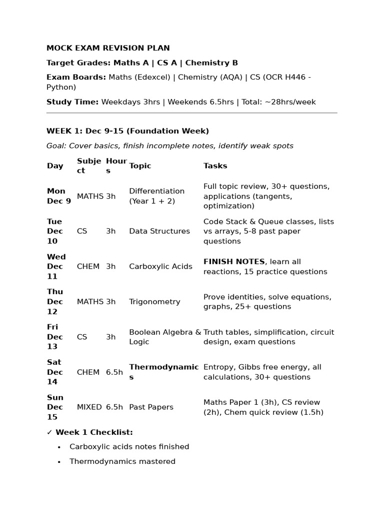 Comprehensive Mock Exam Revision Plan | PDF | Mathematics | Chemical ...