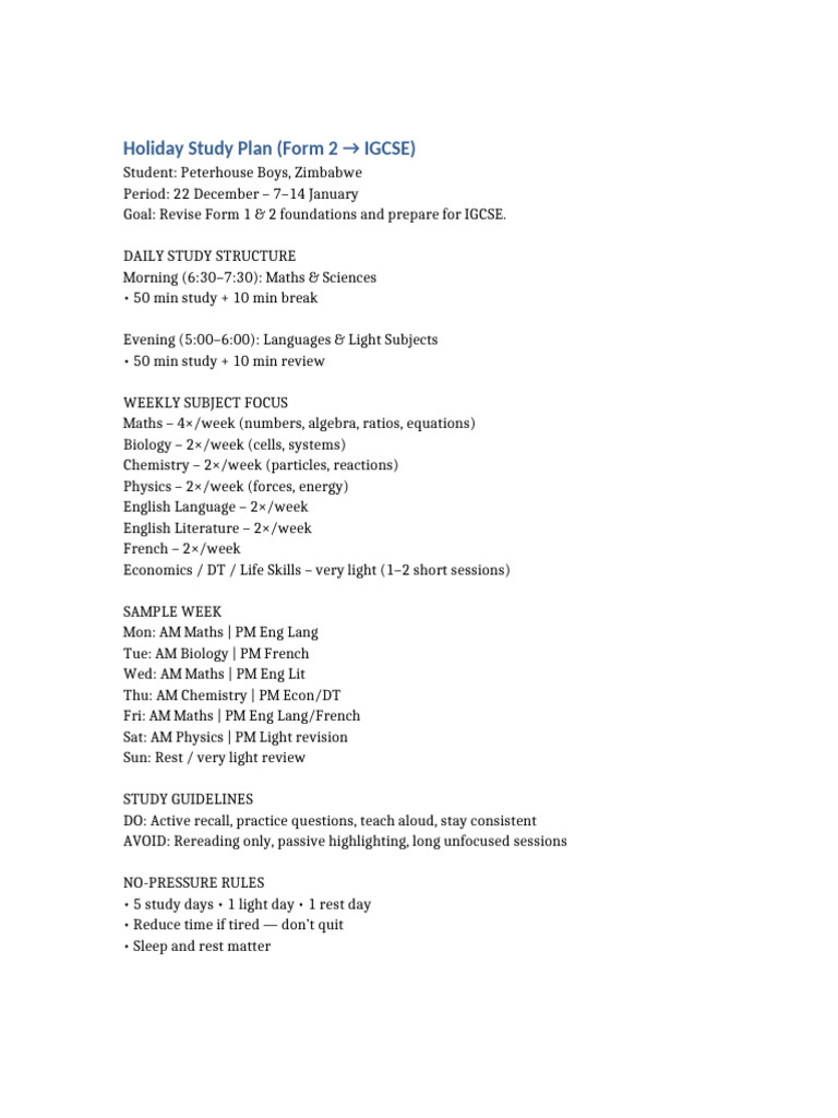 Holiday Study Plan One Page | PDF