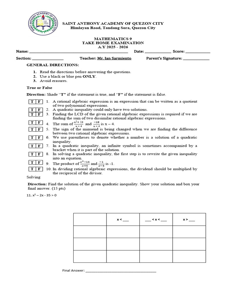 Take Home Exam | PDF | Division (Mathematics) | Rational Number