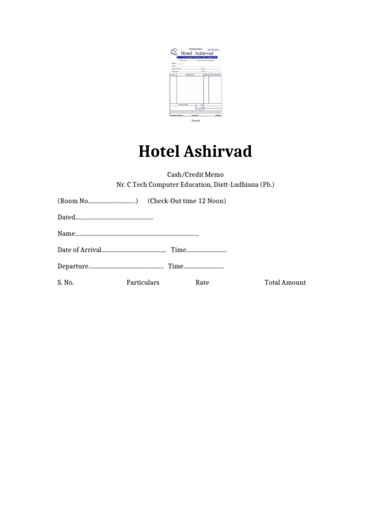 Hotel Ashirvad Cash/Credit Memo Template | PDF