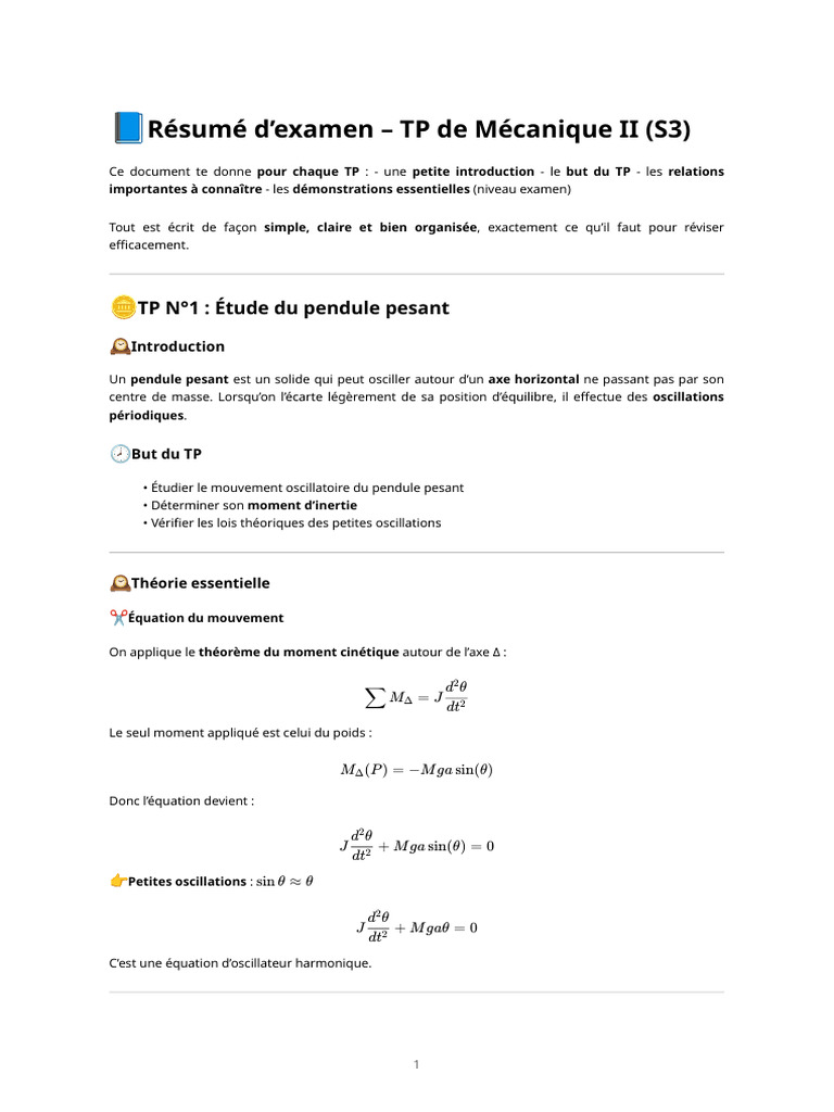 Résumé TP Mécanique II S3 | PDF | Pendule (physique) | Mécanique