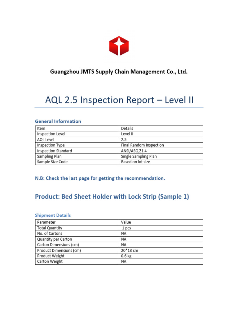 AQL 2.5 Inspection Report for Bed Sheet Holder | PDF | Sampling ...