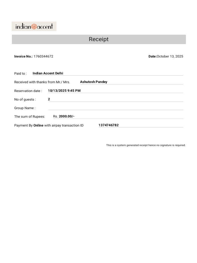 Receipt for Indian Accent Reservation | PDF