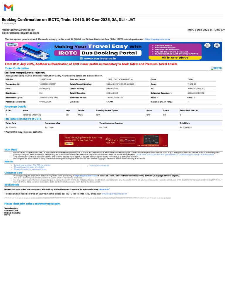 Gmail - Booking Confirmation On IRCTC, Train - 12413, 09-Dec-2025, 3A ...