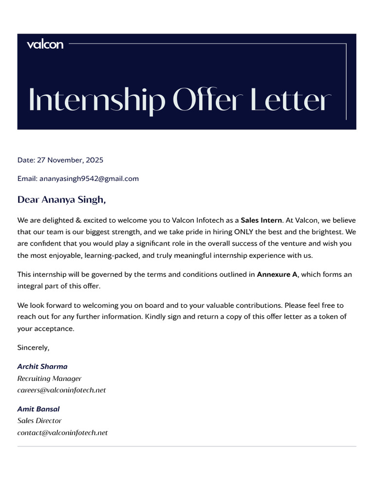 Sales Offer Letter (Ananya Singh) - Valcon Infotech | PDF ...