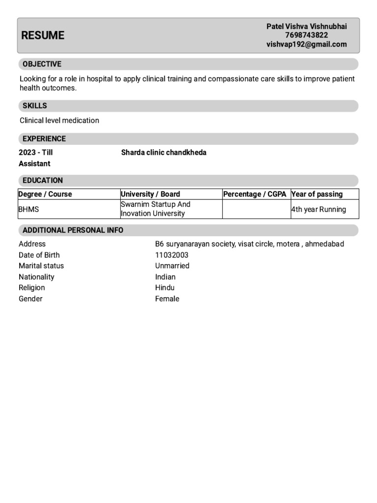Clinical Assistant Resume - Vishva Patel | PDF