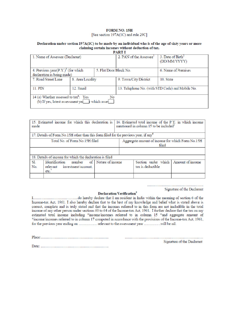 Form 15H for TDS From Bank | PDF