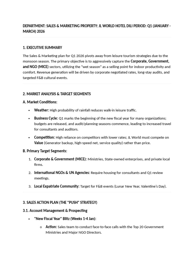 Sales & Marketing- Jl World Hotel Dili Period- q1 (January - March ...