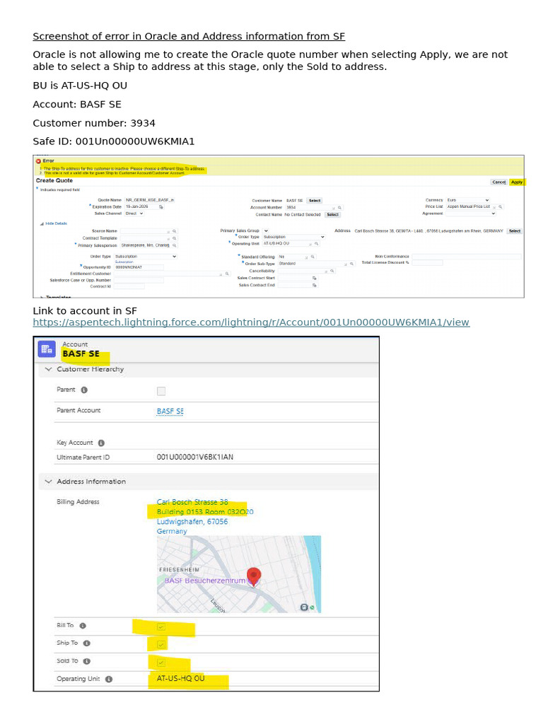 BASF Screenshot of Error in Oracle and Address Information From SF 10. ...