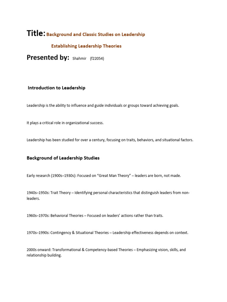 Leadership Theories: A Historical Overview | PDF | Leadership ...
