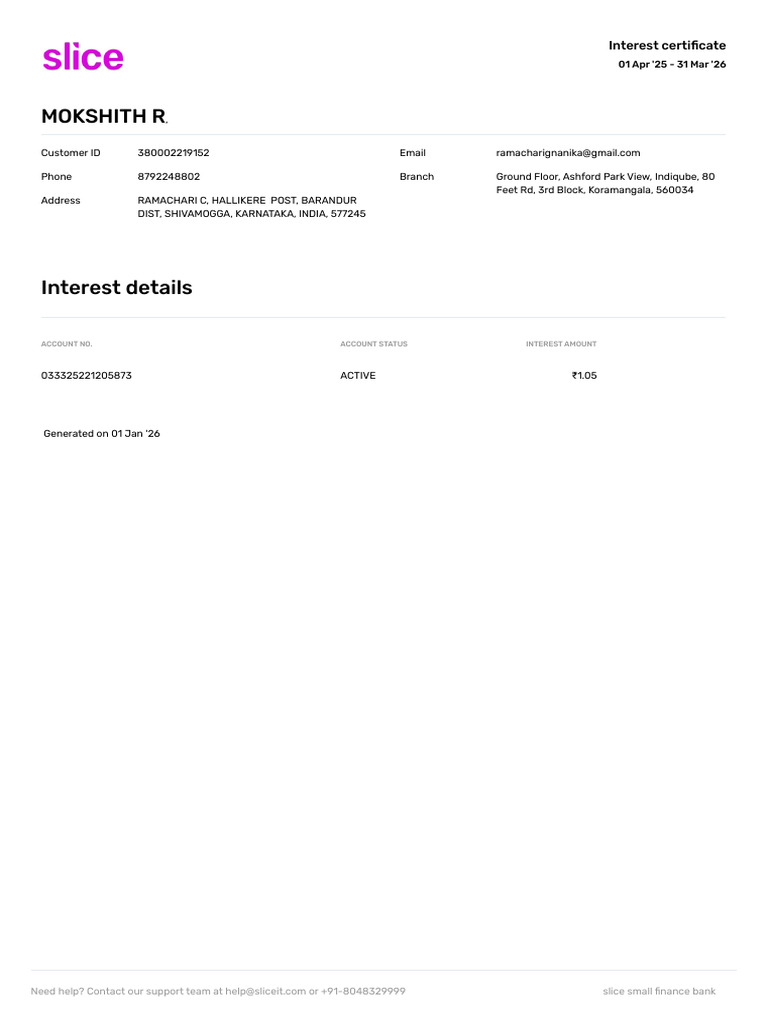 Slice Bank Savings Interest Certificate FY 25 26 | PDF
