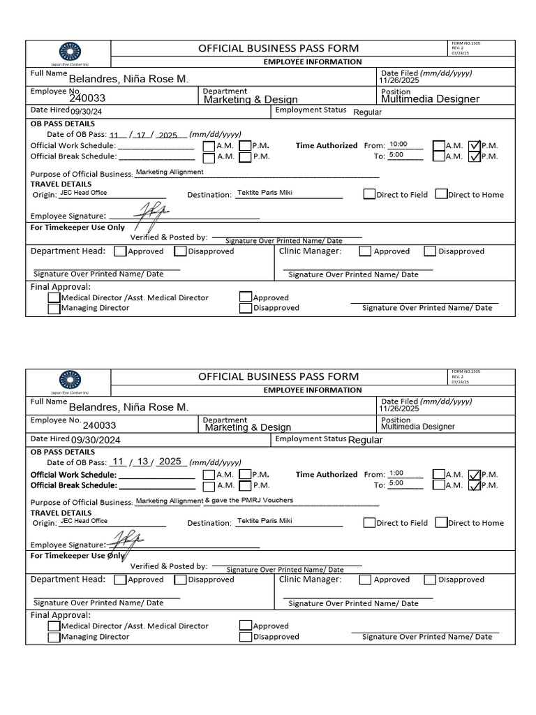 Official Business Pass Form: Belandres, Niña Rose M. 240033 Marketing ...
