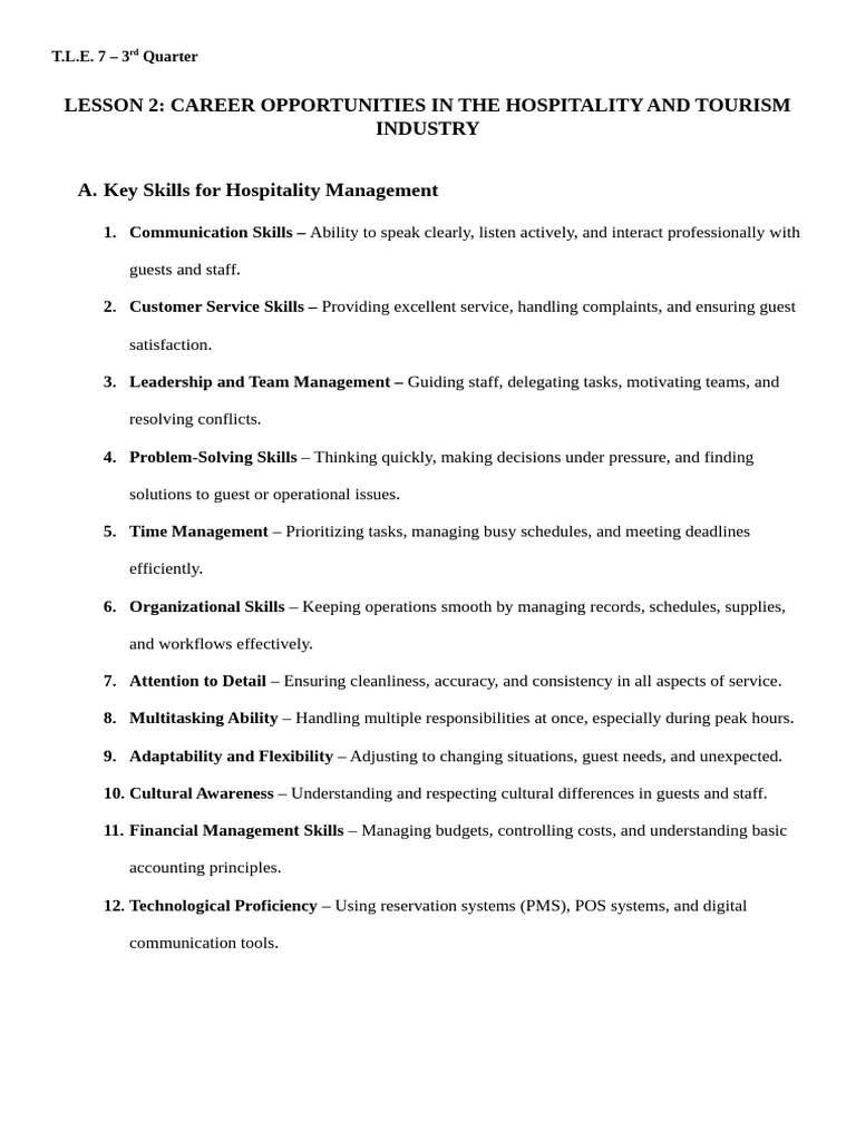 Tle 7 Lesson 2 4 Quarter 3 | PDF | Restaurants | Resort