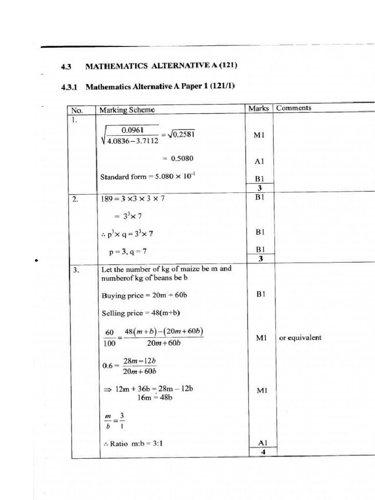 2017 Kcse Mathematics Pp1 Alt a Marking Scheme 241002 163243 | PDF