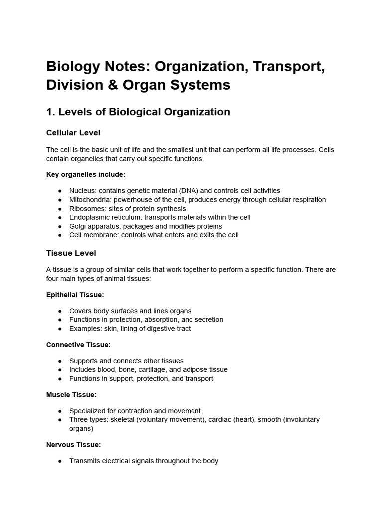 Biology Notes_ Organization, Transport, Division & Organ Systems | PDF ...
