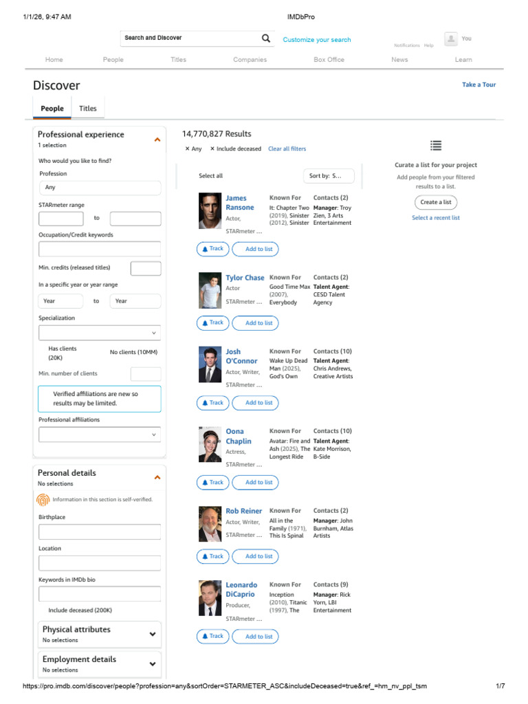 Top 1000 IMDB Actors & Actresses – 1 January 2026 (IMDB Pro Version) | PDF