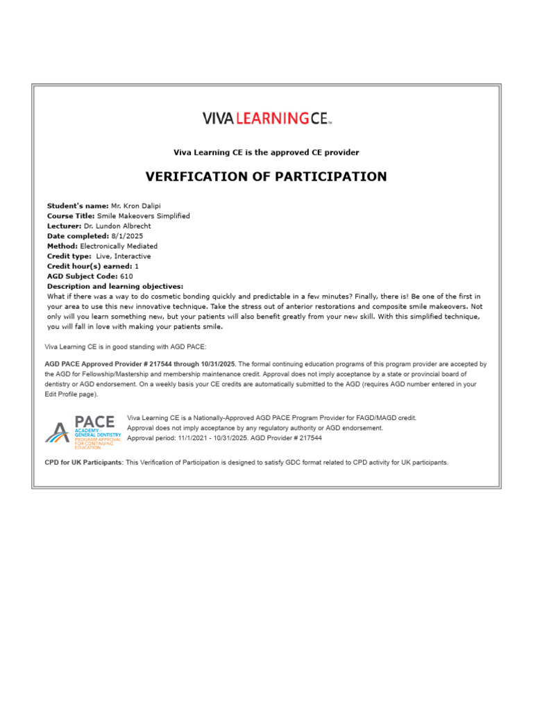 Smile Makeovers CE Course Verification | PDF