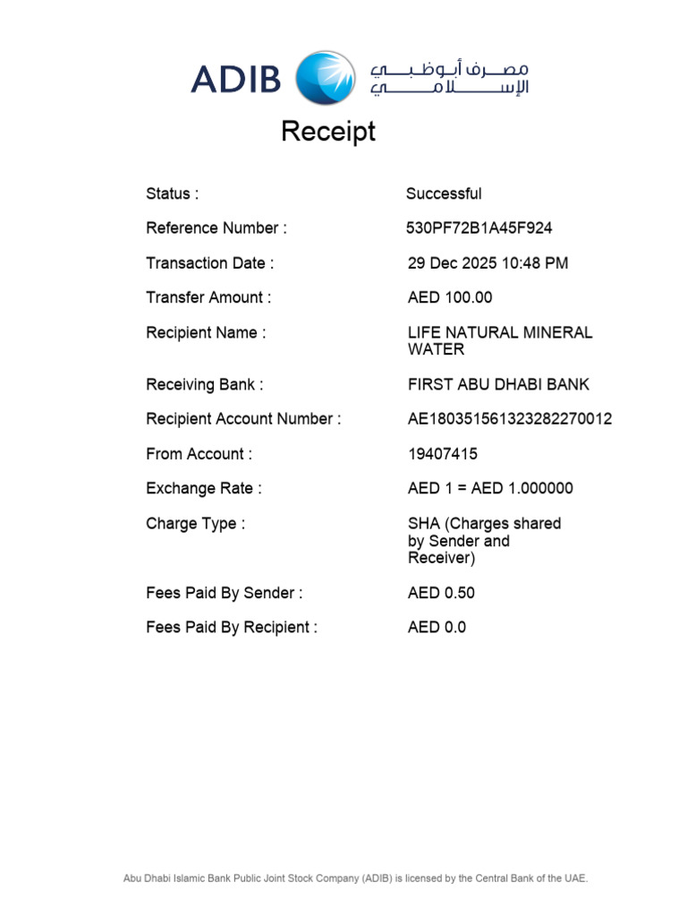 Successful AED 100 Transfer Receipt | PDF