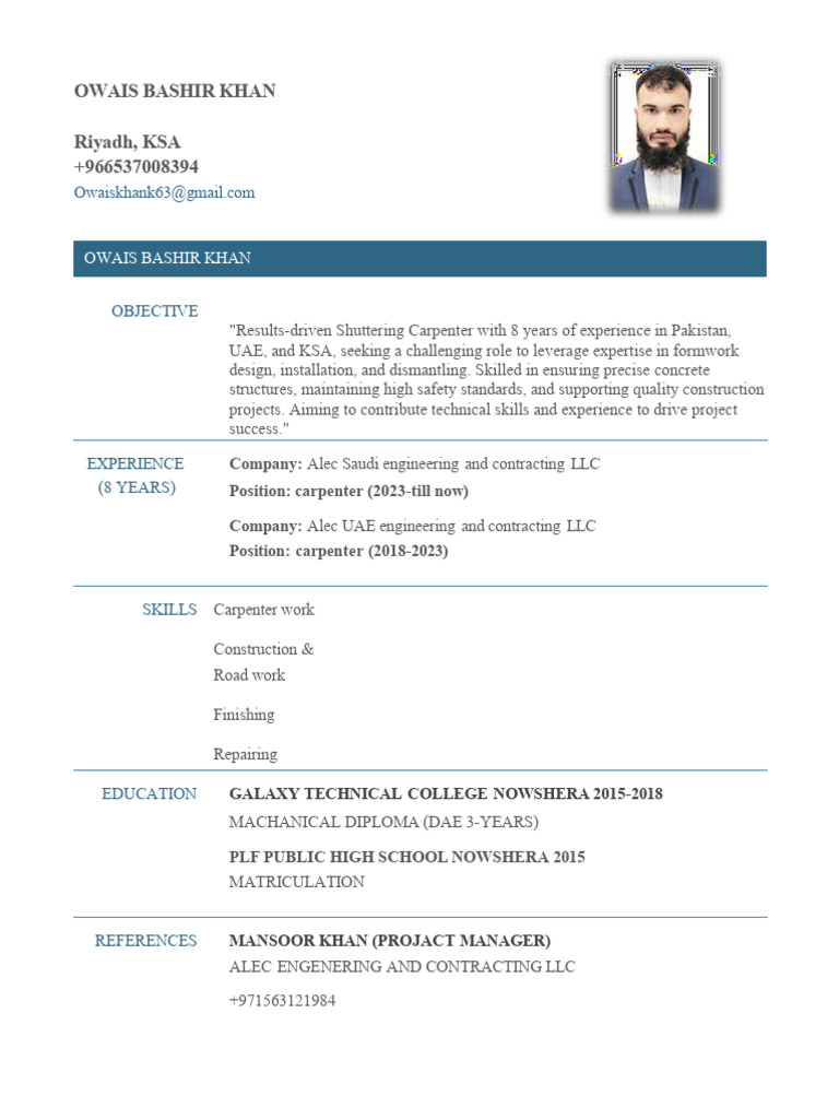 Experienced Shuttering Carpenter Resume | PDF