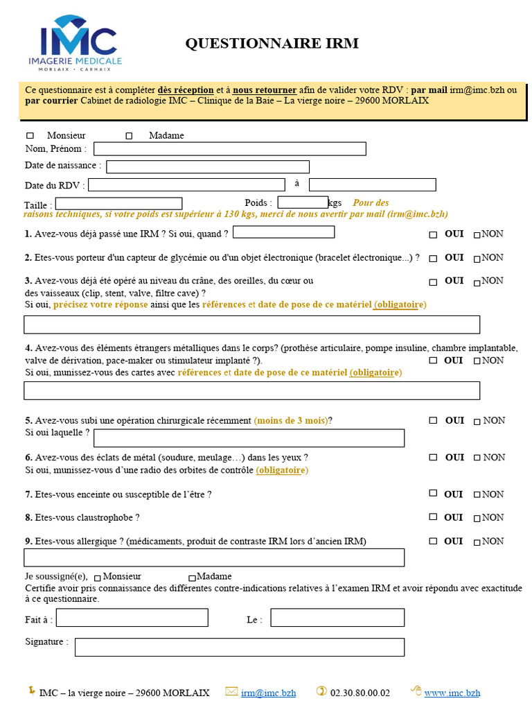 Questionnaire Préparatoire IRM | PDF | Spécialités médicales