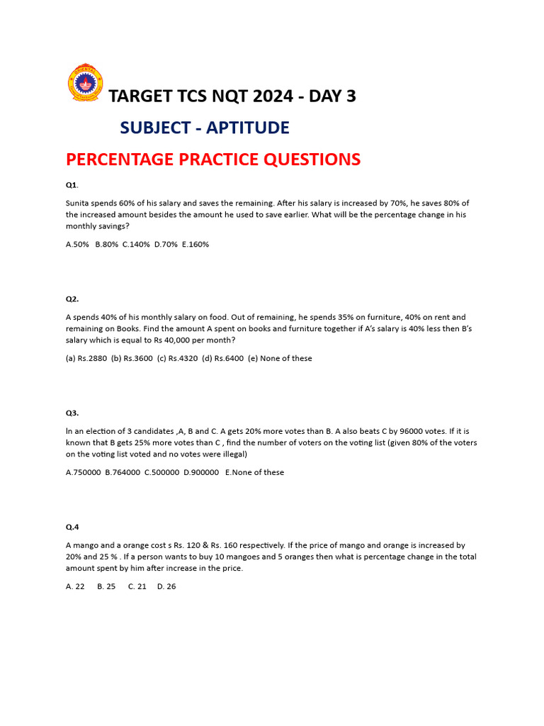 Tcs Nqt Percentage Practice Questions | PDF
